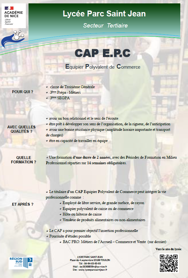 Le CAP Equipier Polyvalent de Commerce (EPC) -LYCEE REGIONAL PARC SAINT JEAN
